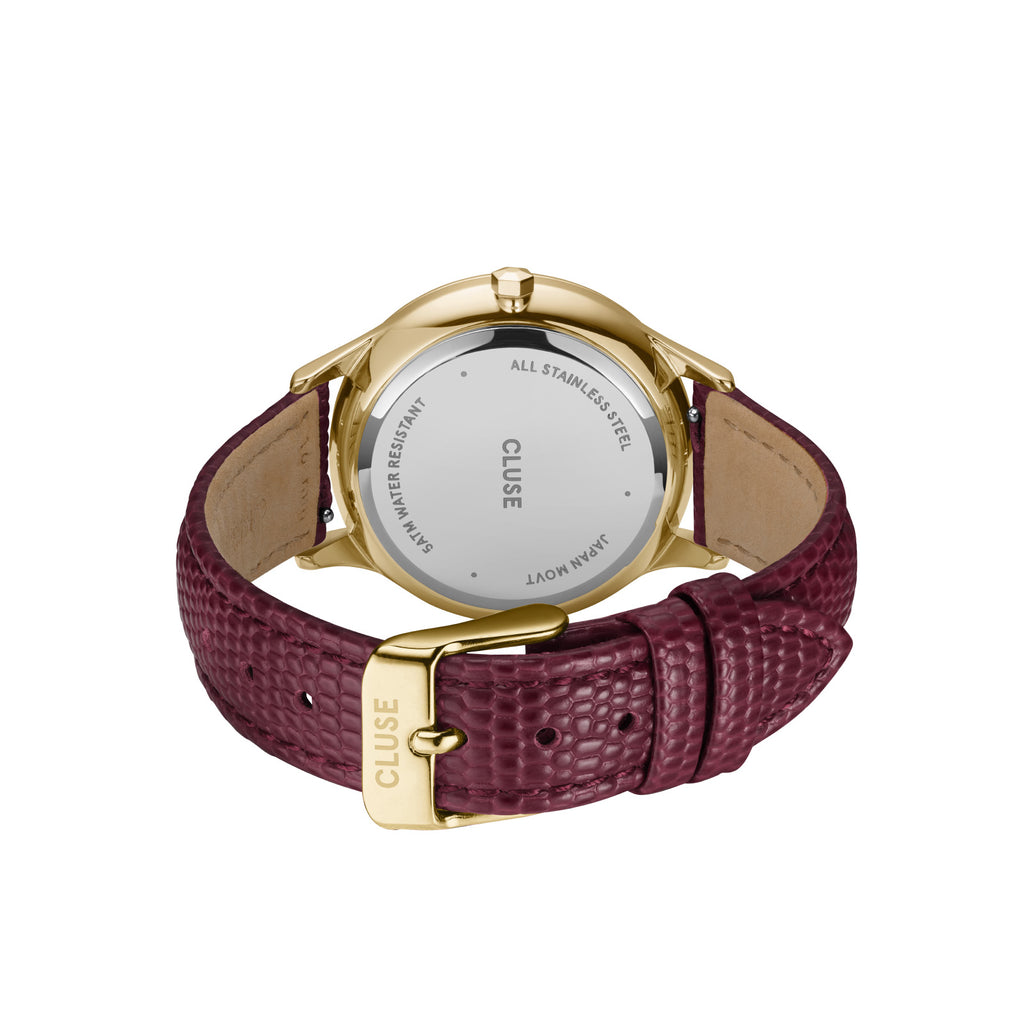 CLUSE MINUIT MULTIFUNCTION DARK CHERRY LIZARD / GOLD WATCH | Silvermoon